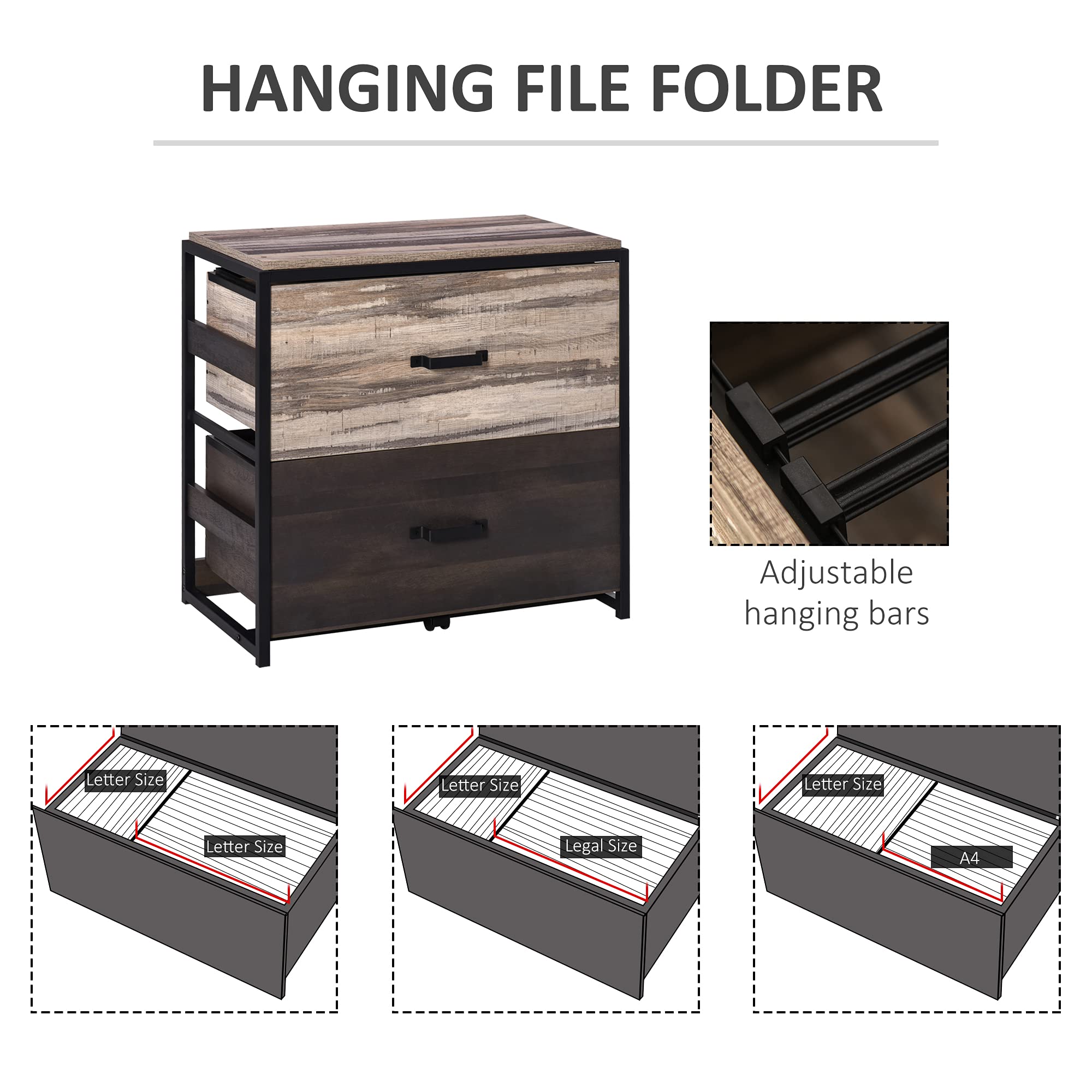 Vinsetto Lateral Office File Cabinet with 2 Large Drawers and Adjustable Metal Hanging Bars for A4, Letter and Legal Sized Files, Storage Organizer, Brown/Black