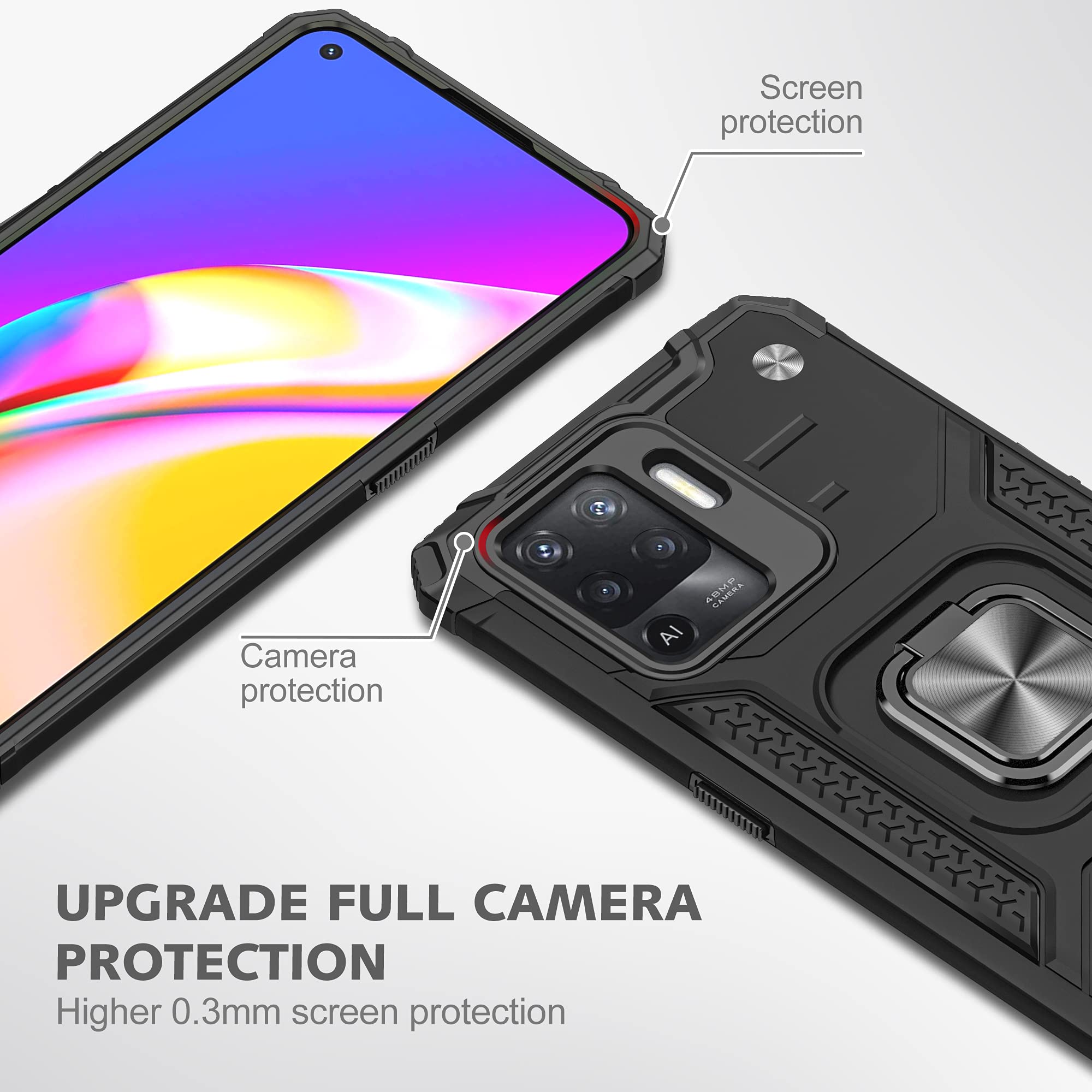 Chengmi ZMONE for Oppo Reno 5 LiteOppo A94 4G F19 Pro Case with Screen Protector 2 Pack Military Grade Heavy Duty Shockproof Case Cover with Magnetic Ring Kickstand Black