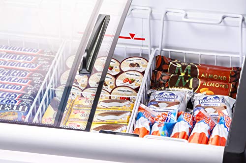 Duura Commercial Mobile Ice Cream Display Chest Freezer Sub Zero Temp Curved Glass Top Frost Free Lid with 3 Wire Baskets, 31.5 Inch Wide 4.87 Cubic Feet, White