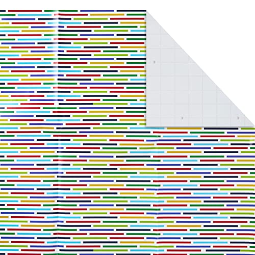 Hallmark Flat Wrapping Paper Sheets with Cutlines on Reverse (12 Folded Sheets with Sticker Seals) Red, Blue, Green, Yellow Geometric, Stripes, Dots for Birthdays, Father's Day, Graduation