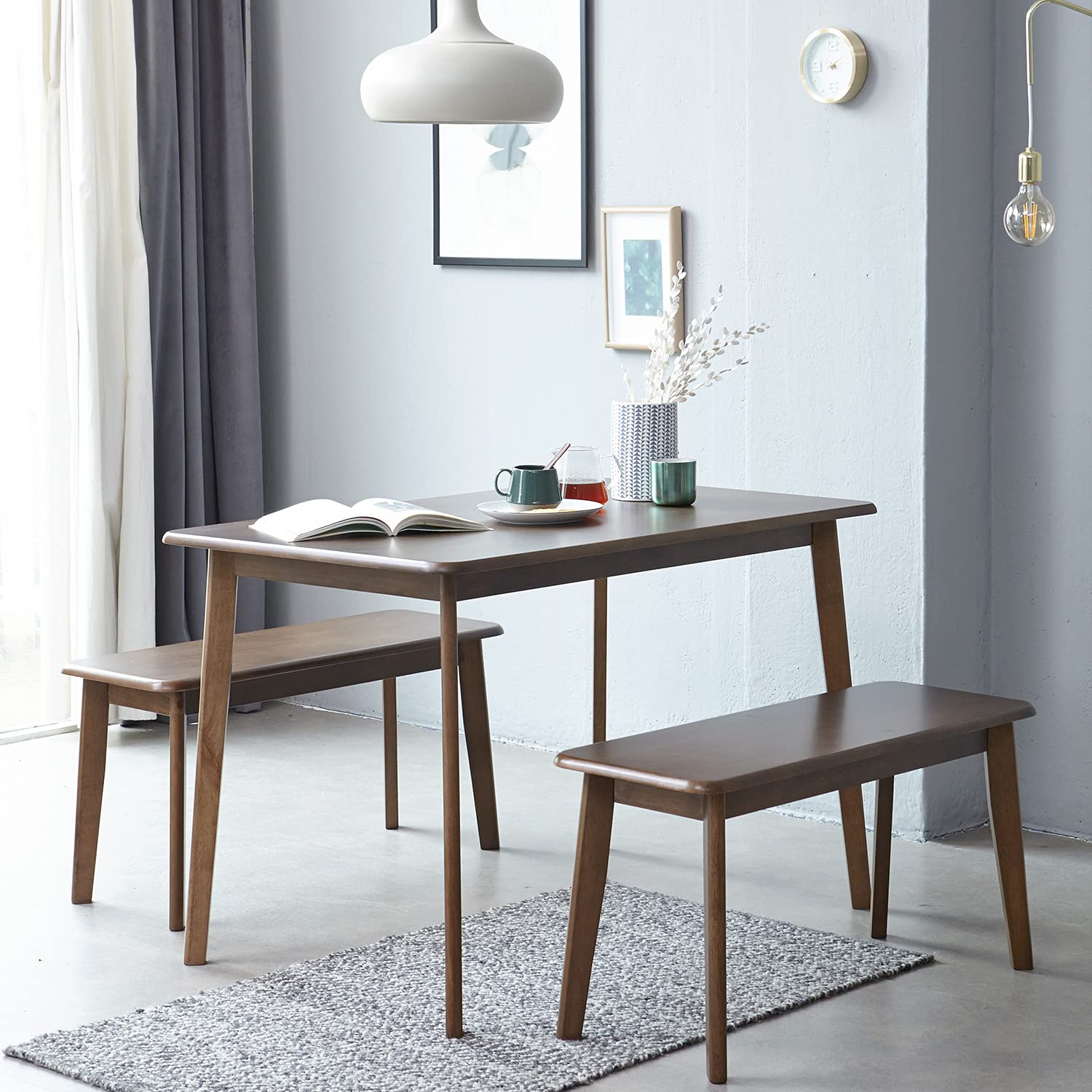 Livinia 3-Piece Dining Table Set, Canberra 47.2" Table (Walnut) Canberra 37.4" Dining Bench (Walnut) Set