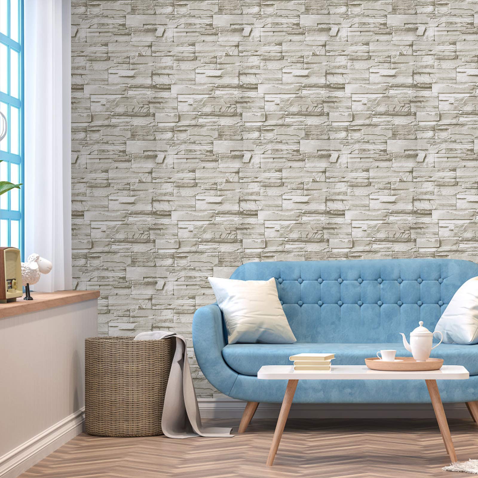 WENMER Beige Stone Peel and Stick Wallpaper 17.7" x 118" 3D Wallpaper Faux Brick Wallpaper Textured Stone Wall Paper Brick Self Adhesive Removable Wallpaper for Kitchen Backsplash Walls