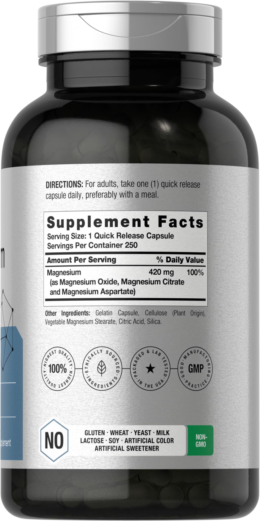 Horbäach Triple Magnesium Complex | 420 mg | 250 Capsules | Non-GMO and Gluten Free Formula | Magnesium Oxide, Citrate, and Aspartate Dietary Supplement