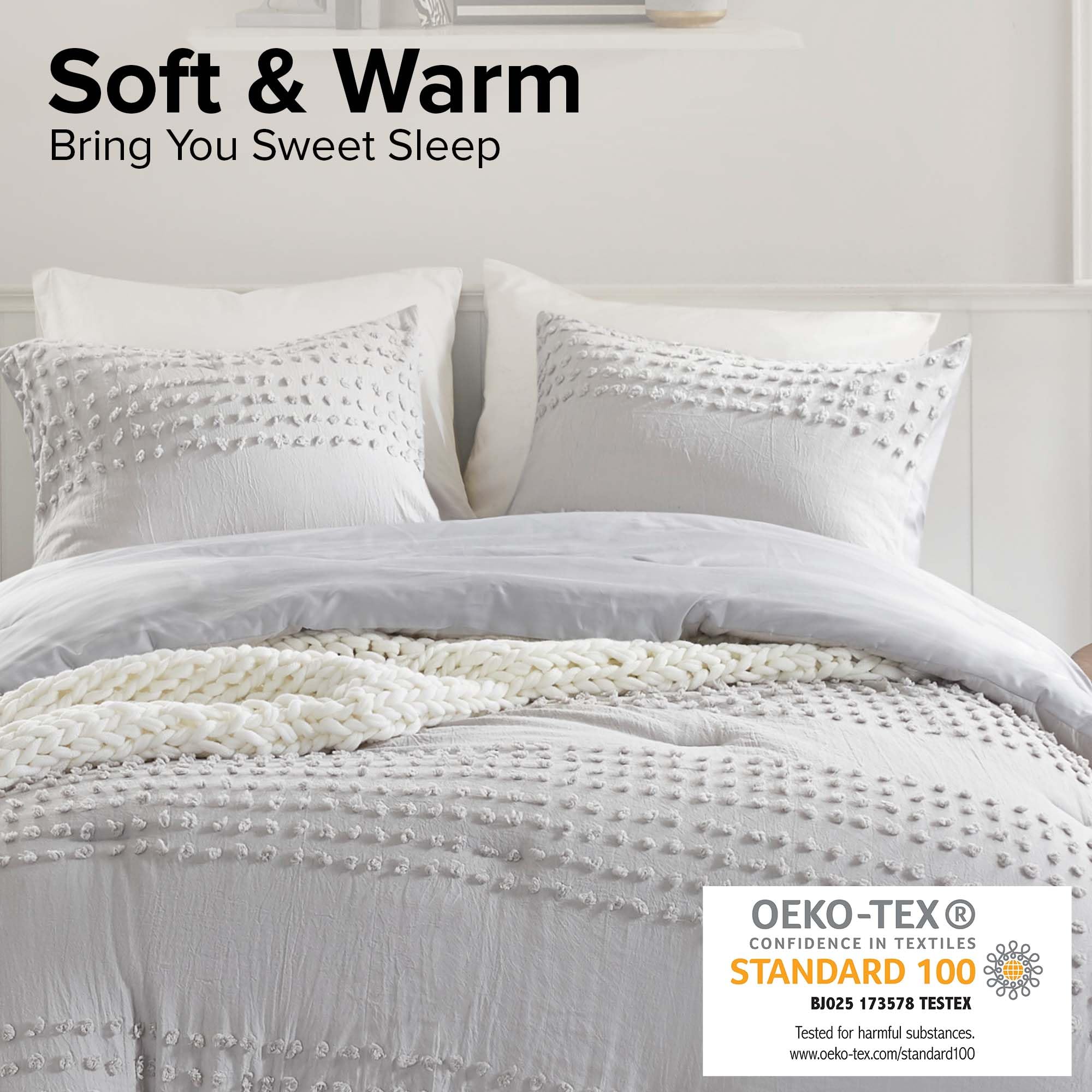 Comfort Spaces Cotton Comforter Set Jacquard Pom-Pom Tufts Design, Down Alternative, All Season Modern Bedding, Matching Shams, Full/Queen, Phillips, Grey, 3 Piece