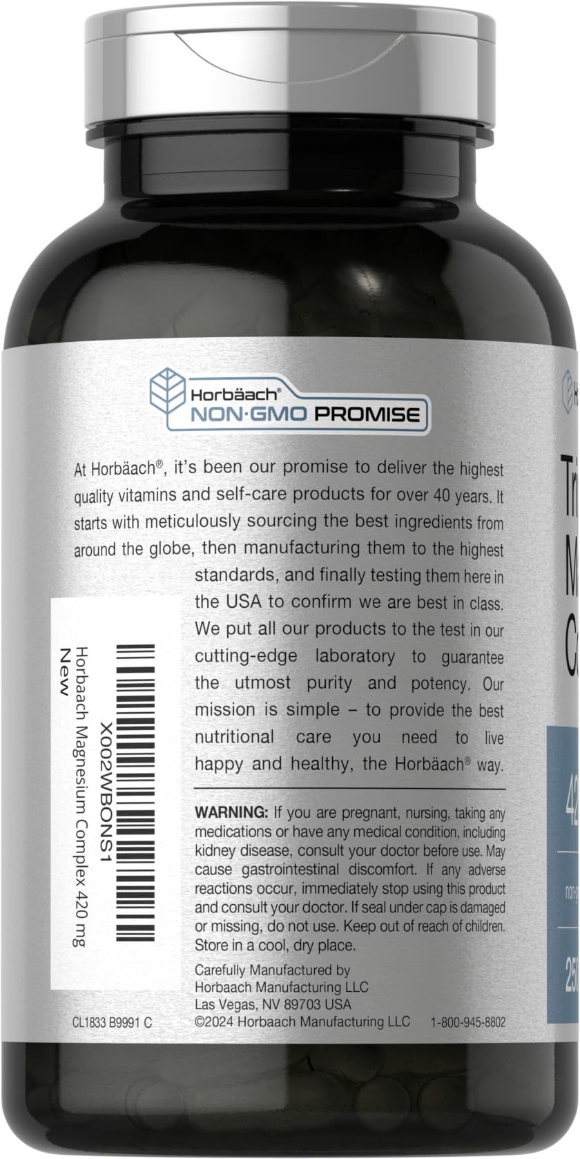 Horbäach Triple Magnesium Complex | 420 mg | 250 Capsules | Non-GMO and Gluten Free Formula | Magnesium Oxide, Citrate, and Aspartate Dietary Supplement