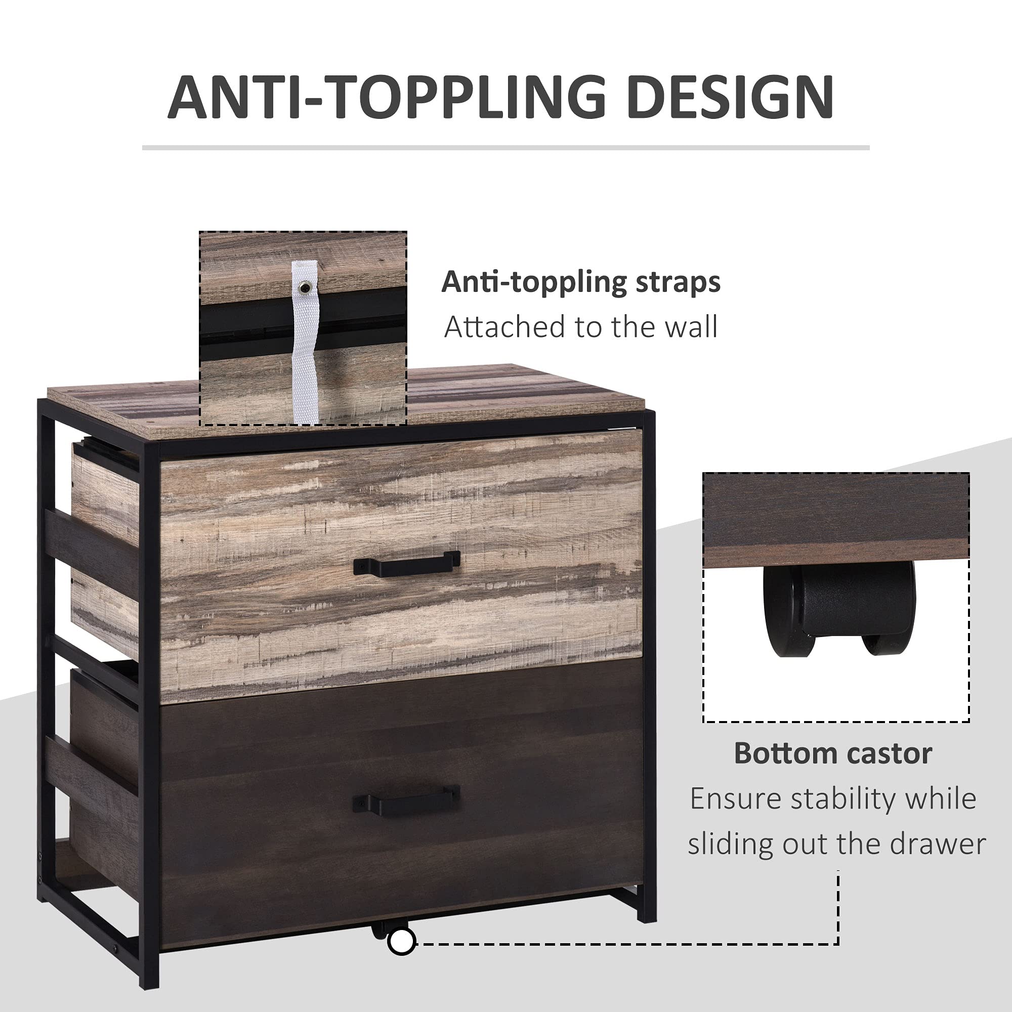 Vinsetto Lateral Office File Cabinet with 2 Large Drawers and Adjustable Metal Hanging Bars for A4, Letter and Legal Sized Files, Storage Organizer, Brown/Black