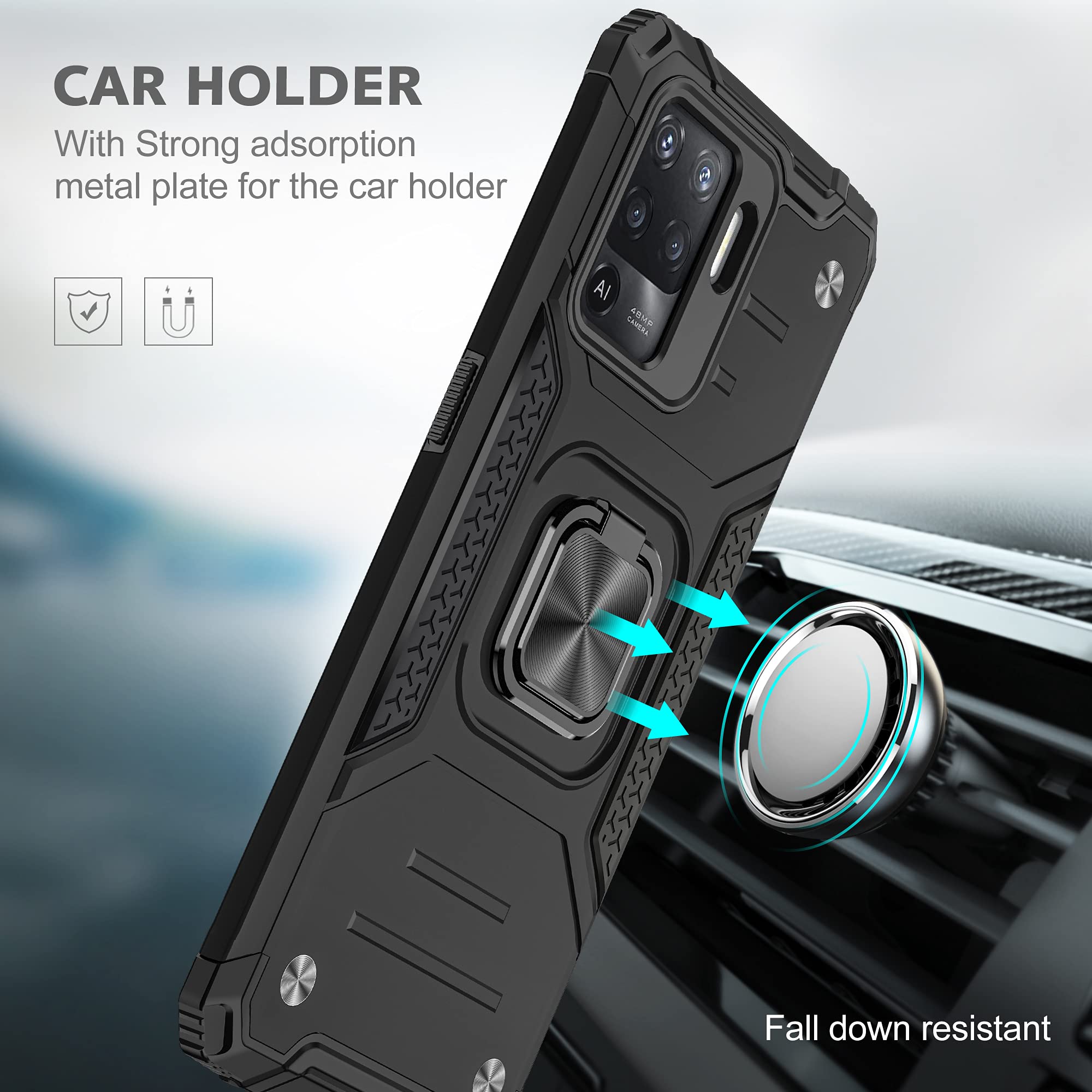 Chengmi ZMONE for Oppo Reno 5 LiteOppo A94 4G F19 Pro Case with Screen Protector 2 Pack Military Grade Heavy Duty Shockproof Case Cover with Magnetic Ring Kickstand Black