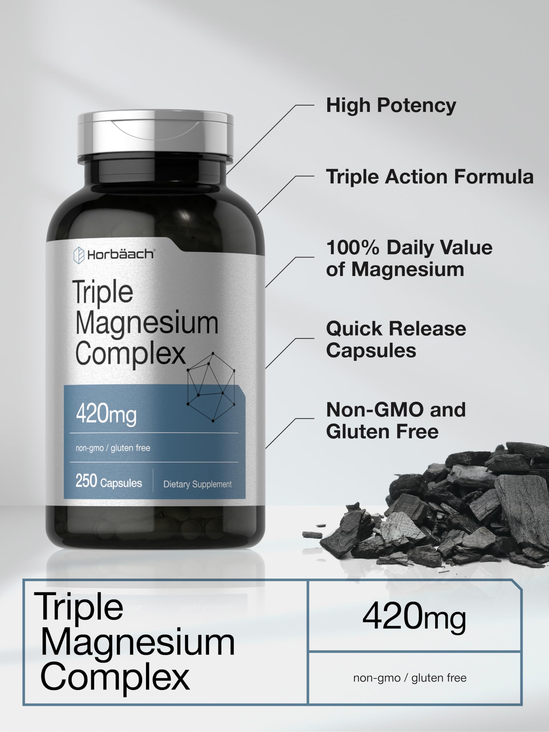 Horbäach Triple Magnesium Complex | 420 mg | 250 Capsules | Non-GMO and Gluten Free Formula | Magnesium Oxide, Citrate, and Aspartate Dietary Supplement