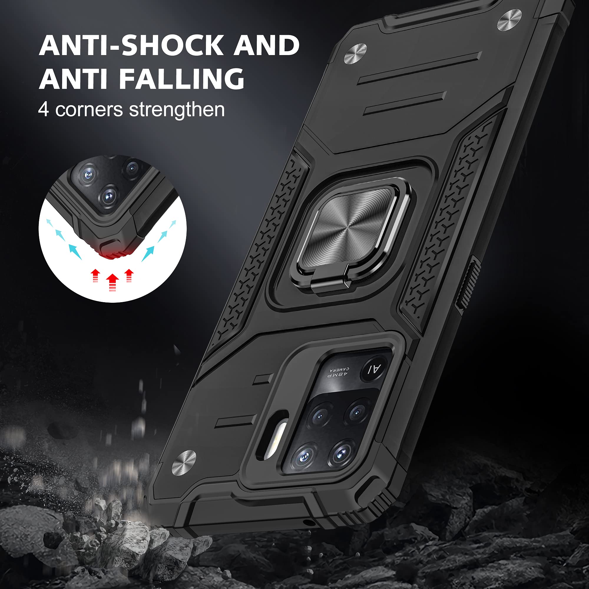 Chengmi ZMONE for Oppo Reno 5 LiteOppo A94 4G F19 Pro Case with Screen Protector 2 Pack Military Grade Heavy Duty Shockproof Case Cover with Magnetic Ring Kickstand Black