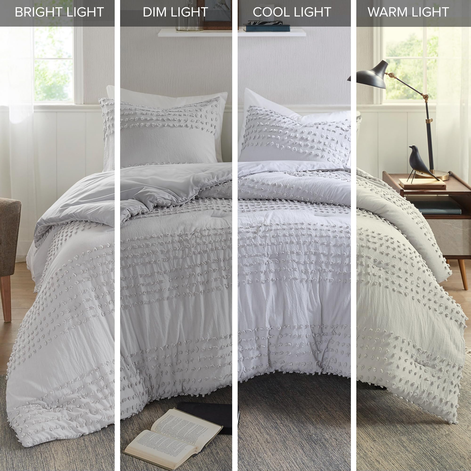 Comfort Spaces Cotton Comforter Set Jacquard Pom-Pom Tufts Design, Down Alternative, All Season Modern Bedding, Matching Shams, Full/Queen, Phillips, Grey, 3 Piece