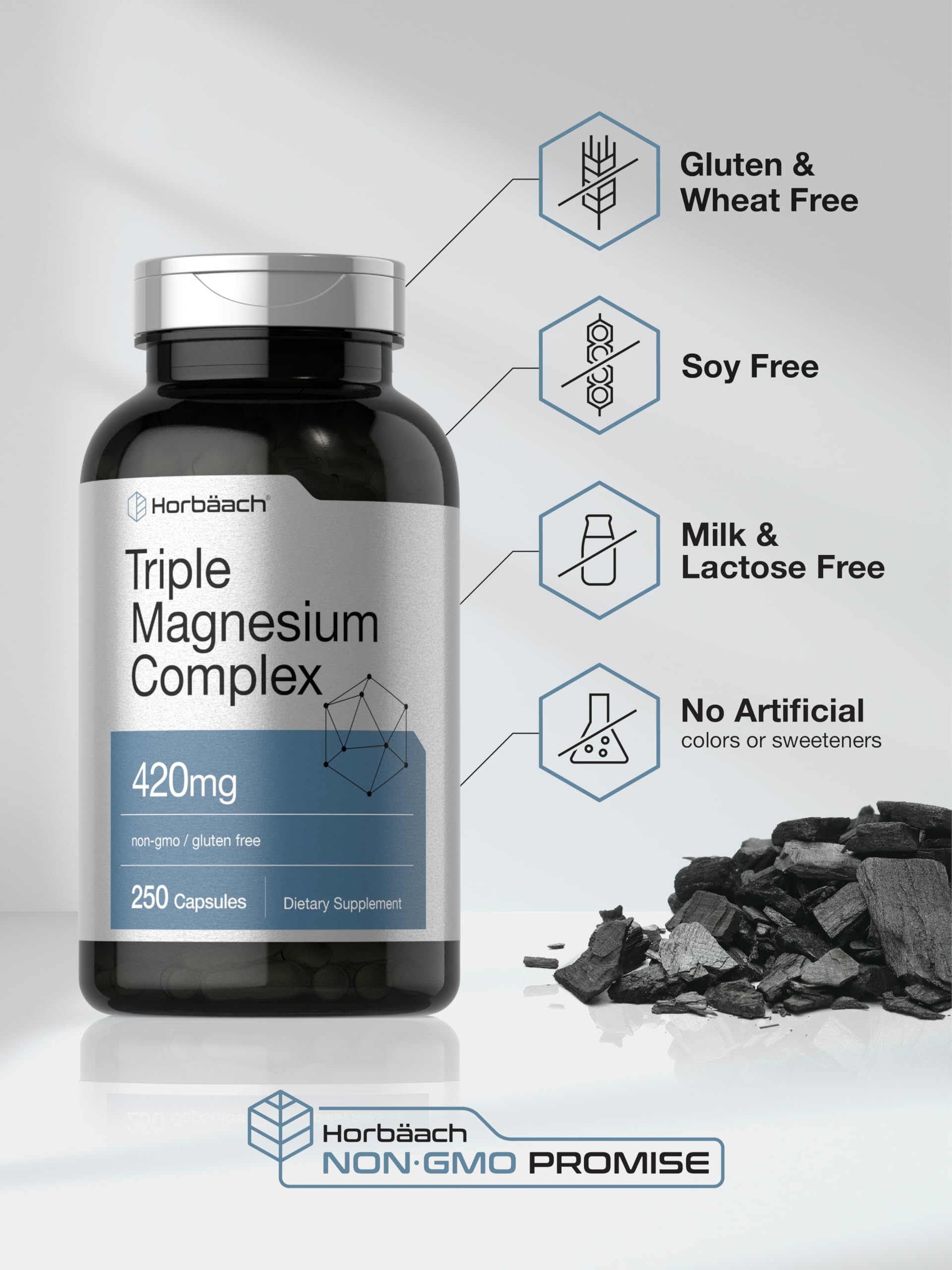 Horbäach Triple Magnesium Complex | 420 mg | 250 Capsules | Non-GMO and Gluten Free Formula | Magnesium Oxide, Citrate, and Aspartate Dietary Supplement