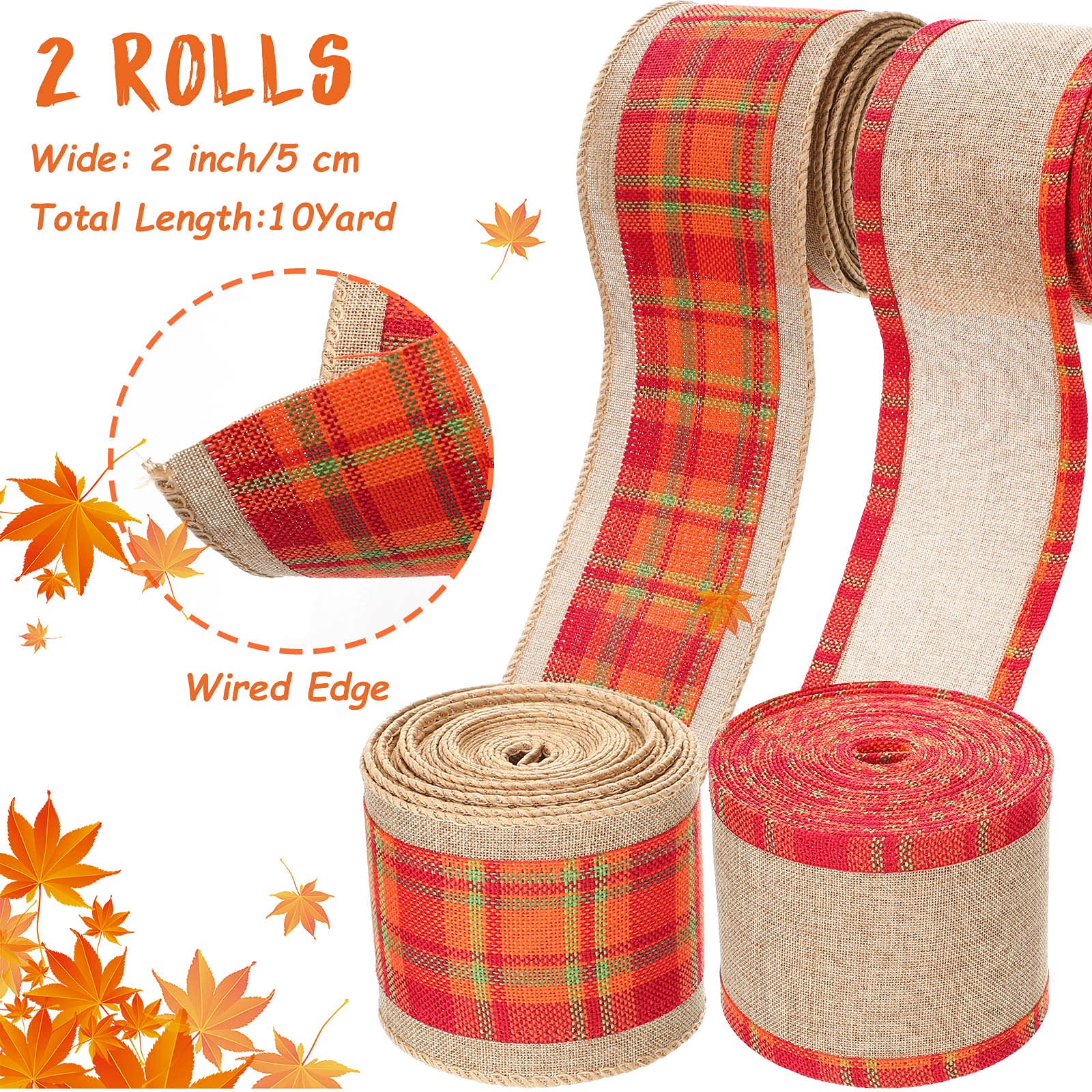 2 Rolls 10 Yards Fall Plaid Wired Edge Ribbons Thanksgiving Orange Buffalo Plaid Ribbon Burlap Fabric Ribbon Natural Wrapping Red Orange Edge Ribbon for Wedding Decor Autumn Crafts, 2.5 Inch