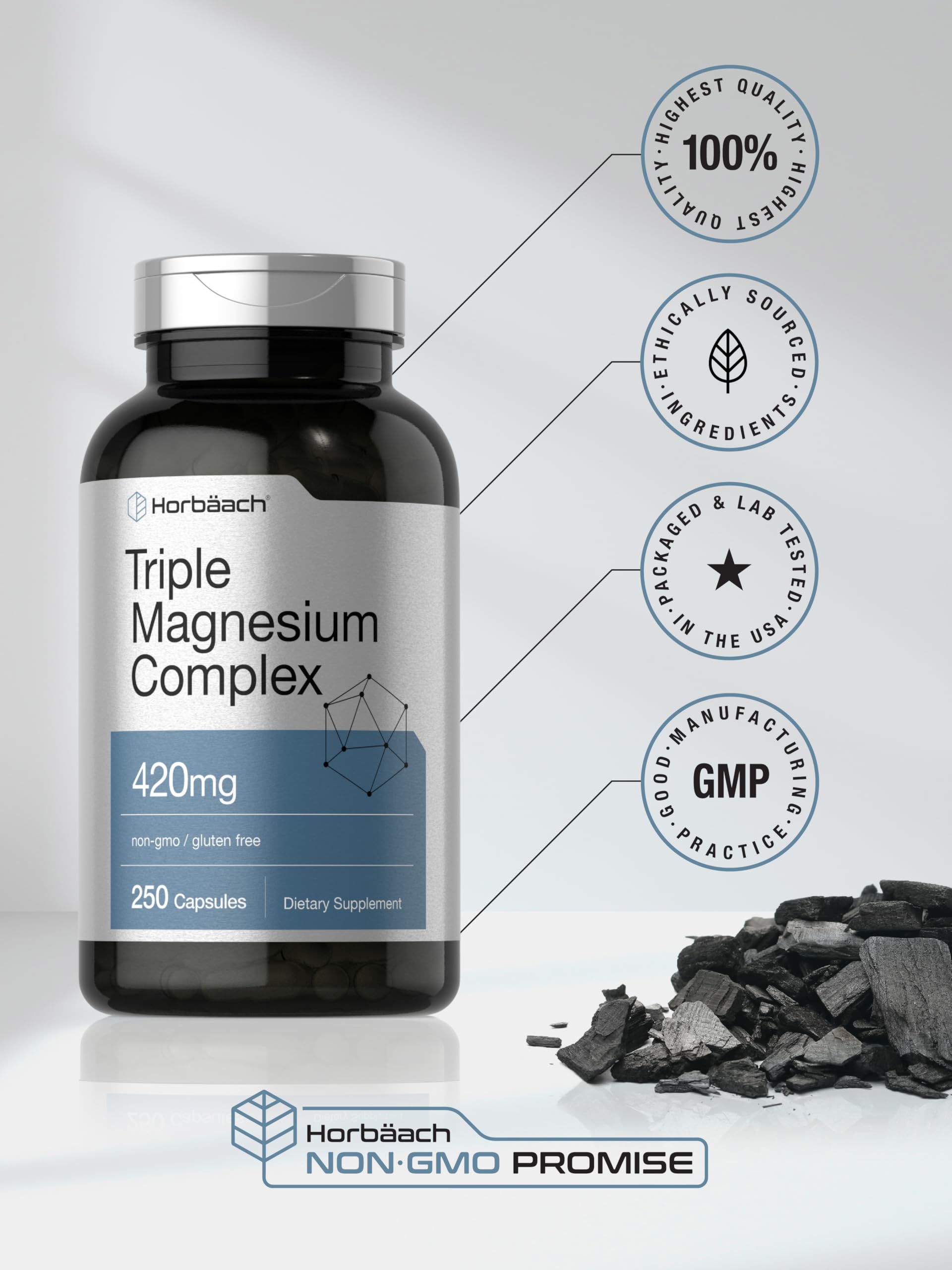 Horbäach Triple Magnesium Complex | 420 mg | 250 Capsules | Non-GMO and Gluten Free Formula | Magnesium Oxide, Citrate, and Aspartate Dietary Supplement