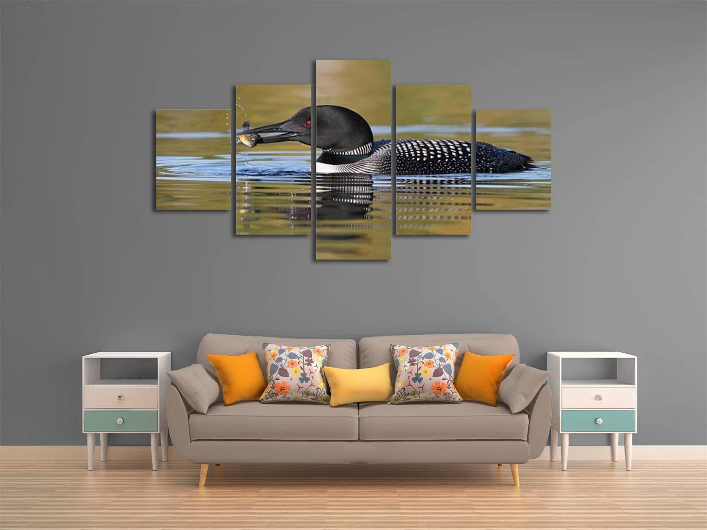 Large Canvas Print 5 Panels Art Wall Paintings Common Loon Catching a Pumpkinseed Sunfish Stretched Framed Wall Poster Picture on Canvas Home Decor - 60x32 Inch Total