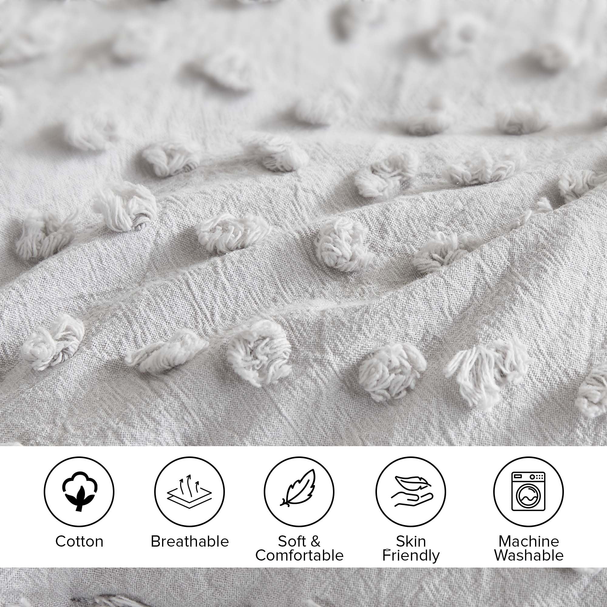 Comfort Spaces Cotton Comforter Set Jacquard Pom-Pom Tufts Design, Down Alternative, All Season Modern Bedding, Matching Shams, Full/Queen, Phillips, Grey, 3 Piece