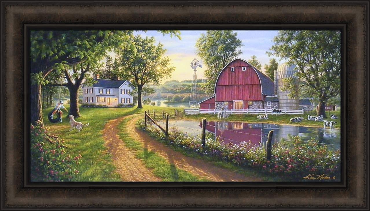 The Road Home by Kim Norlien 16x28 Farm House Red Barn Windmill Silo Cows Pond Dog Country Framed Art Print Picture