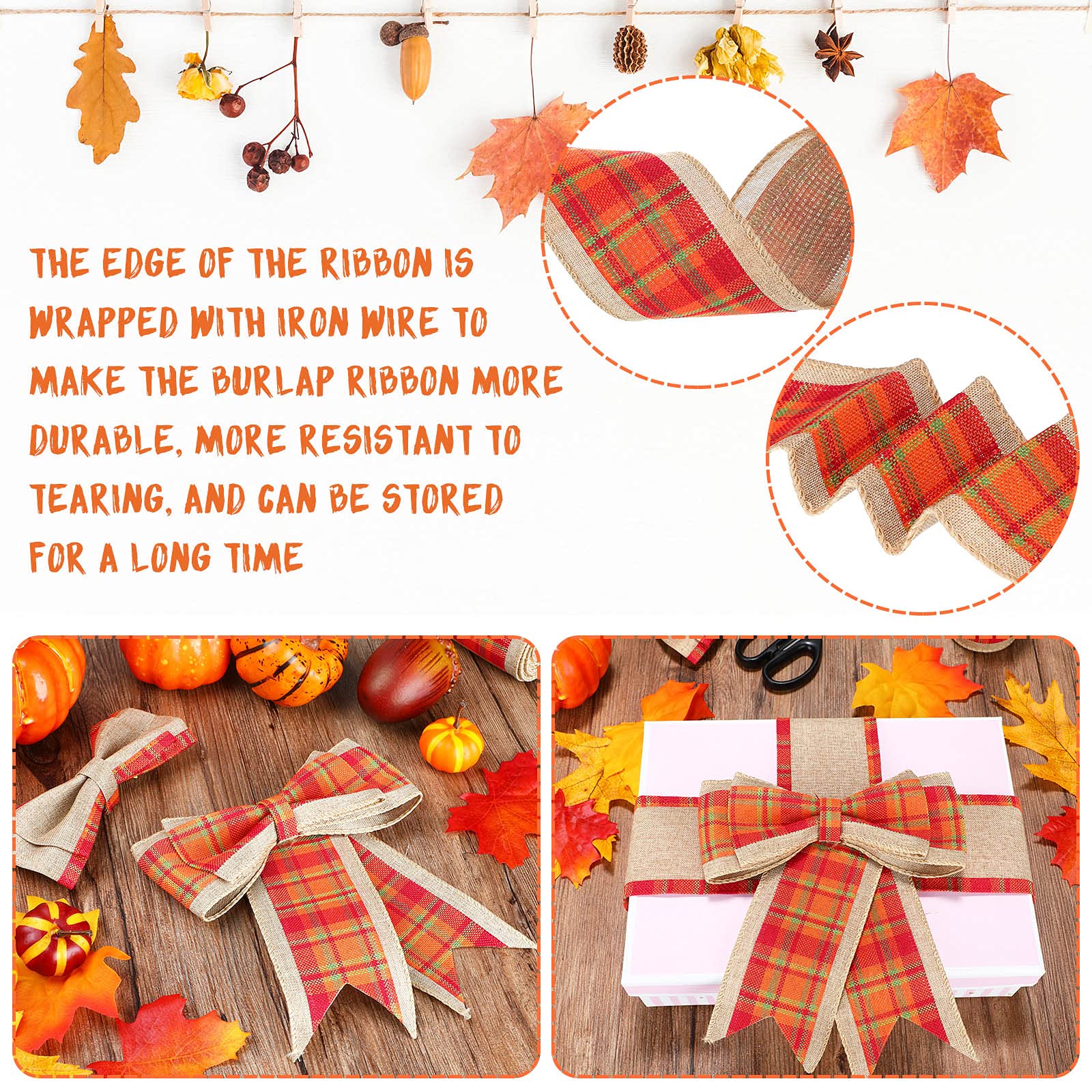 2 Rolls 10 Yards Fall Plaid Wired Edge Ribbons Thanksgiving Orange Buffalo Plaid Ribbon Burlap Fabric Ribbon Natural Wrapping Red Orange Edge Ribbon for Wedding Decor Autumn Crafts, 2.5 Inch