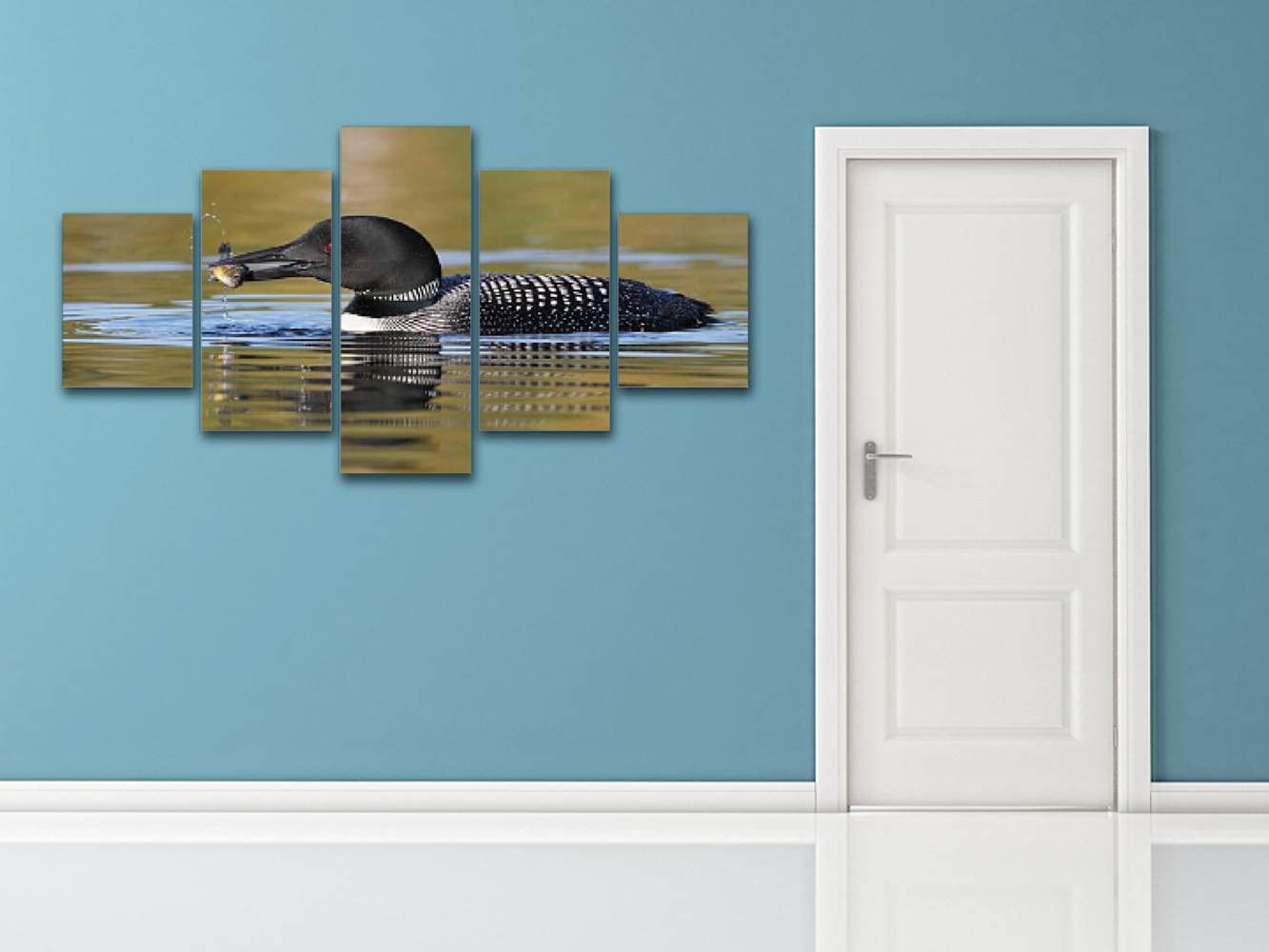 Large Canvas Print 5 Panels Art Wall Paintings Common Loon Catching a Pumpkinseed Sunfish Stretched Framed Wall Poster Picture on Canvas Home Decor - 60x32 Inch Total