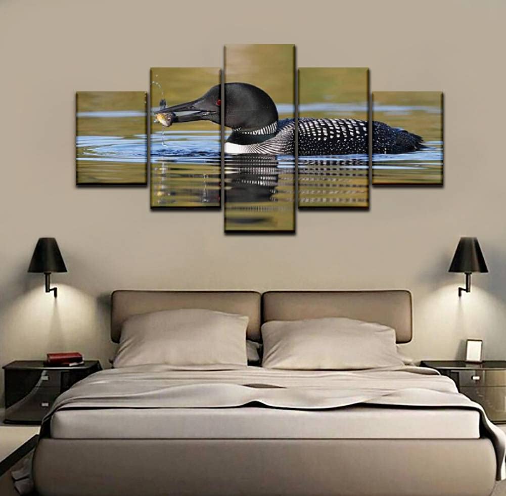 Large Canvas Print 5 Panels Art Wall Paintings Common Loon Catching a Pumpkinseed Sunfish Stretched Framed Wall Poster Picture on Canvas Home Decor - 60x32 Inch Total
