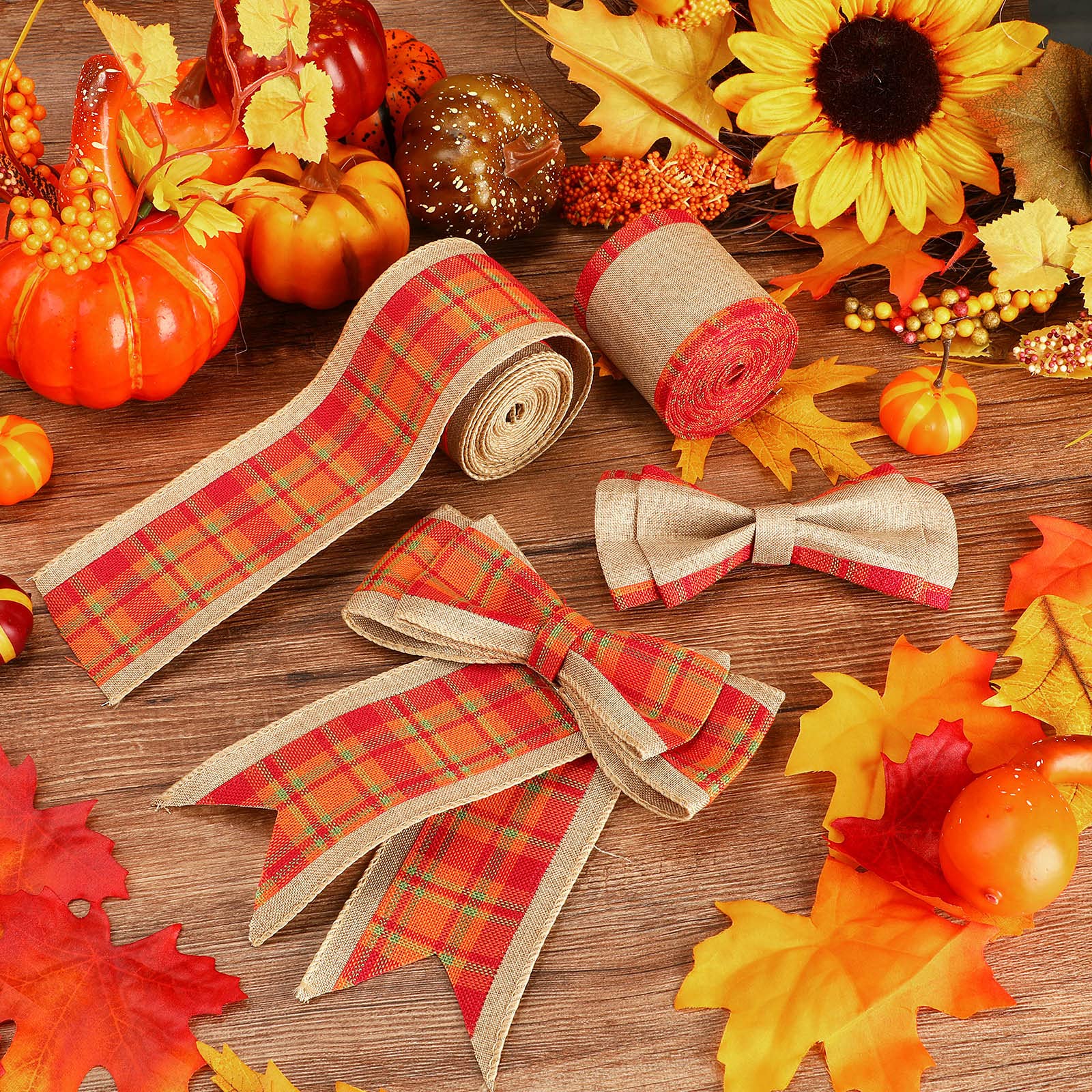 2 Rolls 10 Yards Fall Plaid Wired Edge Ribbons Thanksgiving Orange Buffalo Plaid Ribbon Burlap Fabric Ribbon Natural Wrapping Red Orange Edge Ribbon for Wedding Decor Autumn Crafts, 2.5 Inch