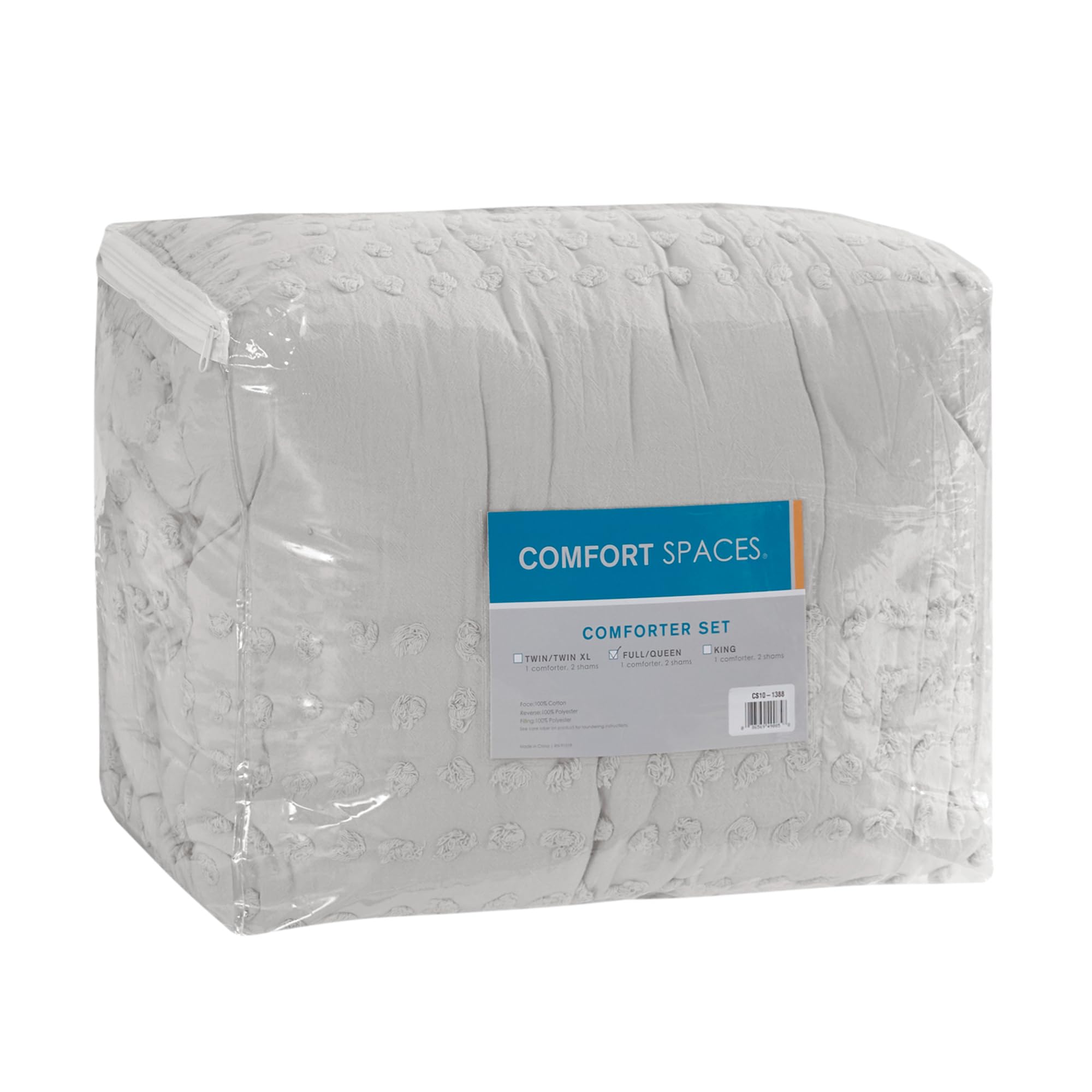 Comfort Spaces Cotton Comforter Set Jacquard Pom-Pom Tufts Design, Down Alternative, All Season Modern Bedding, Matching Shams, Full/Queen, Phillips, Grey, 3 Piece