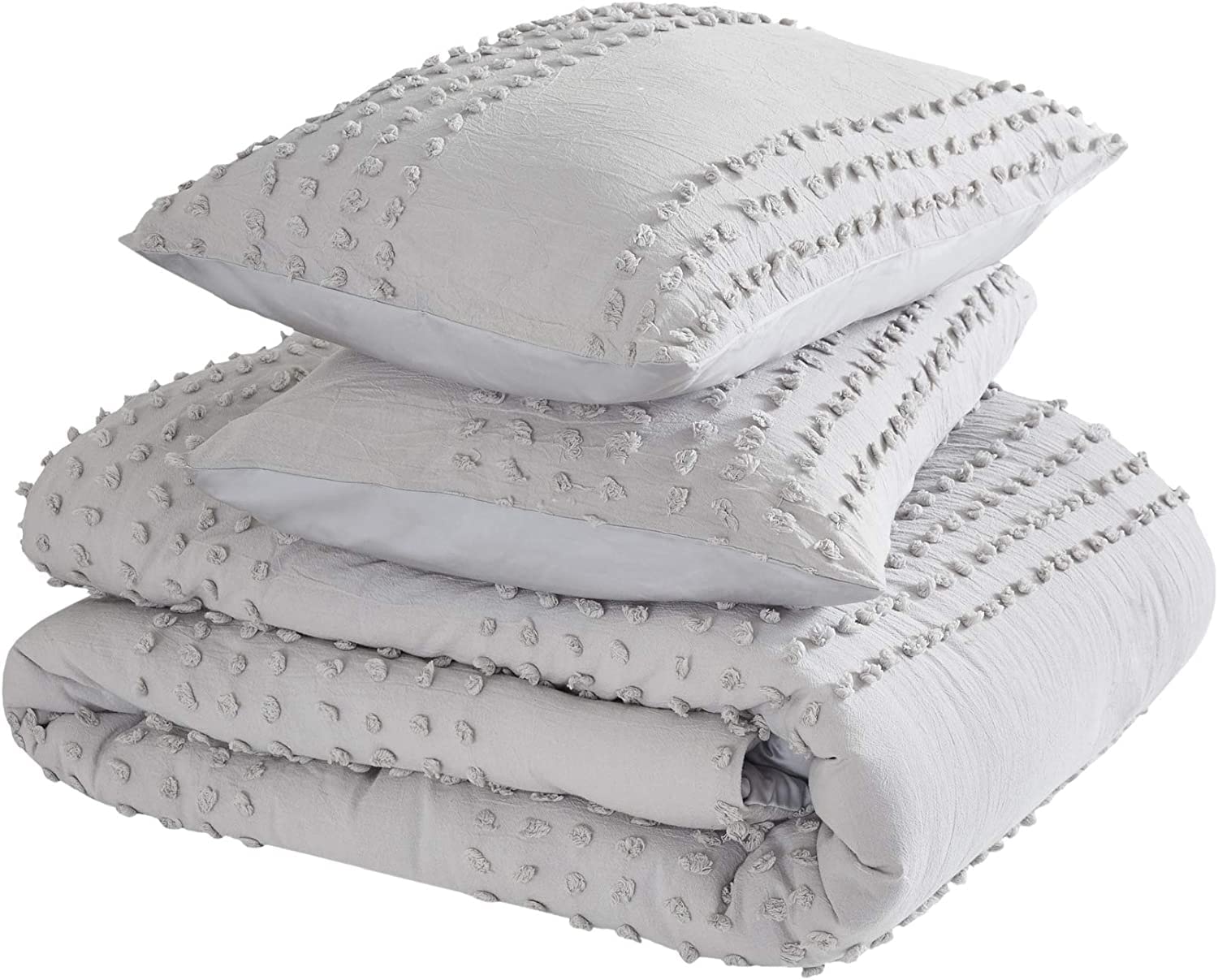 Comfort Spaces Cotton Comforter Set Jacquard Pom-Pom Tufts Design, Down Alternative, All Season Modern Bedding, Matching Shams, Full/Queen, Phillips, Grey, 3 Piece