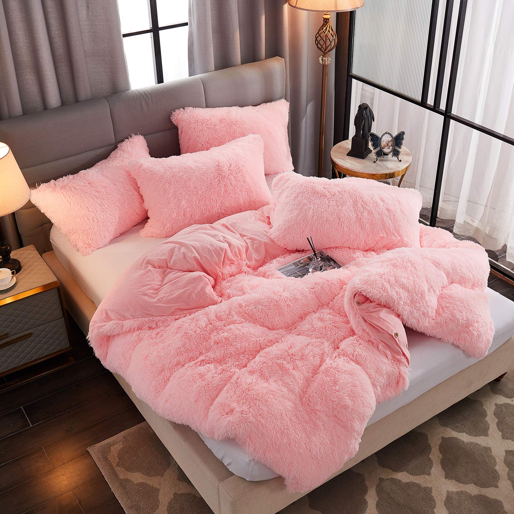 WERDIM Shaggy Fluffy Faux Fur Duvet Cover Set Button Closure Velvety Bedding Set Comforter Cover with Pillowcases Pink, King Size