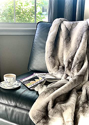 Double Sided Faux Fur Throw Blanket Silky Soft Oversized Afghan Machine Washable, Grey Striped Mink Chinchilla Shadow Fox (Charcoal, 60Wx70L)