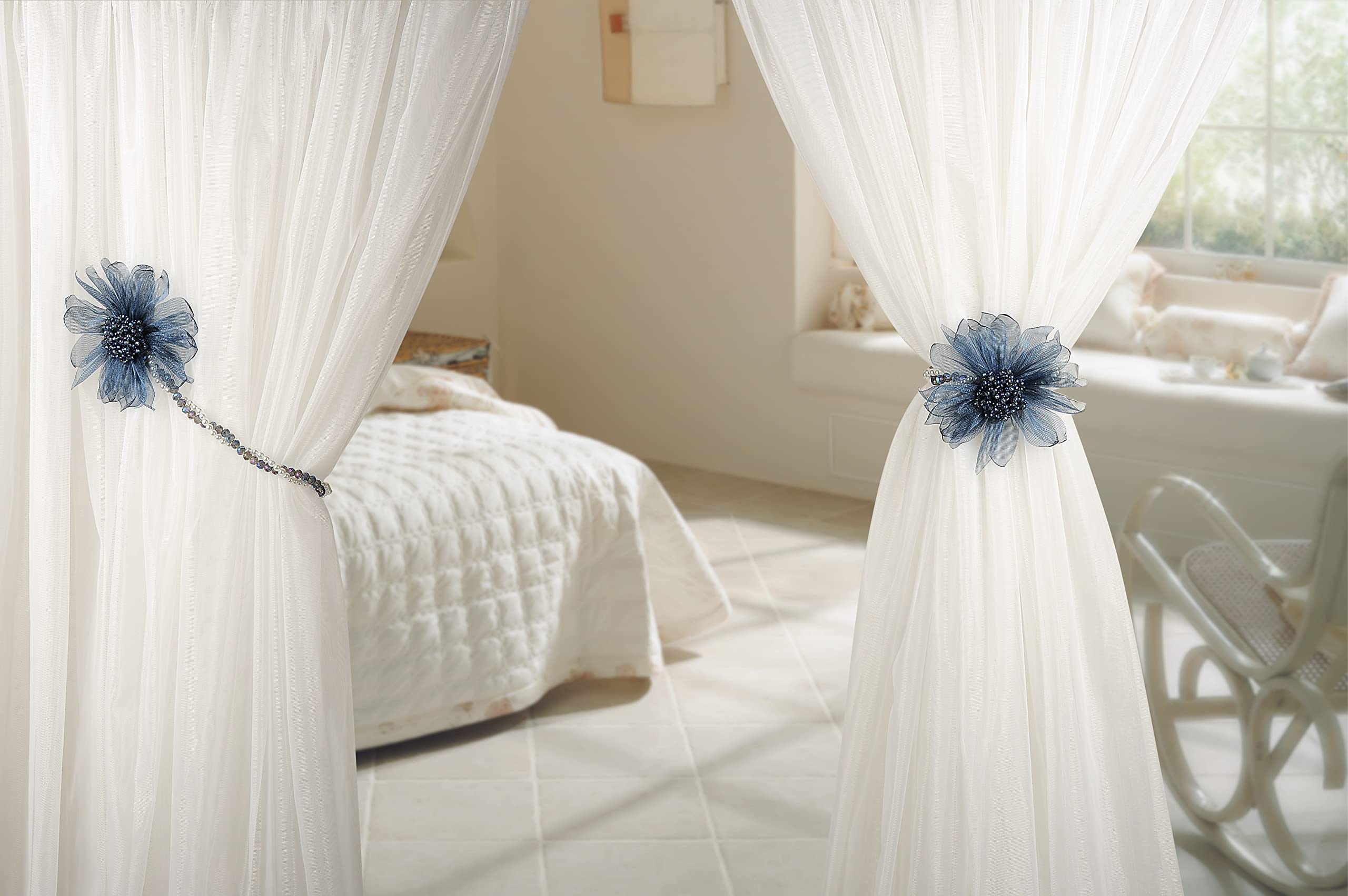 SUQ I OME 2 Pack of Handmade Crystal Pearl Beaded Magnetic Flower Curtain Tieback Holdback for Drapes