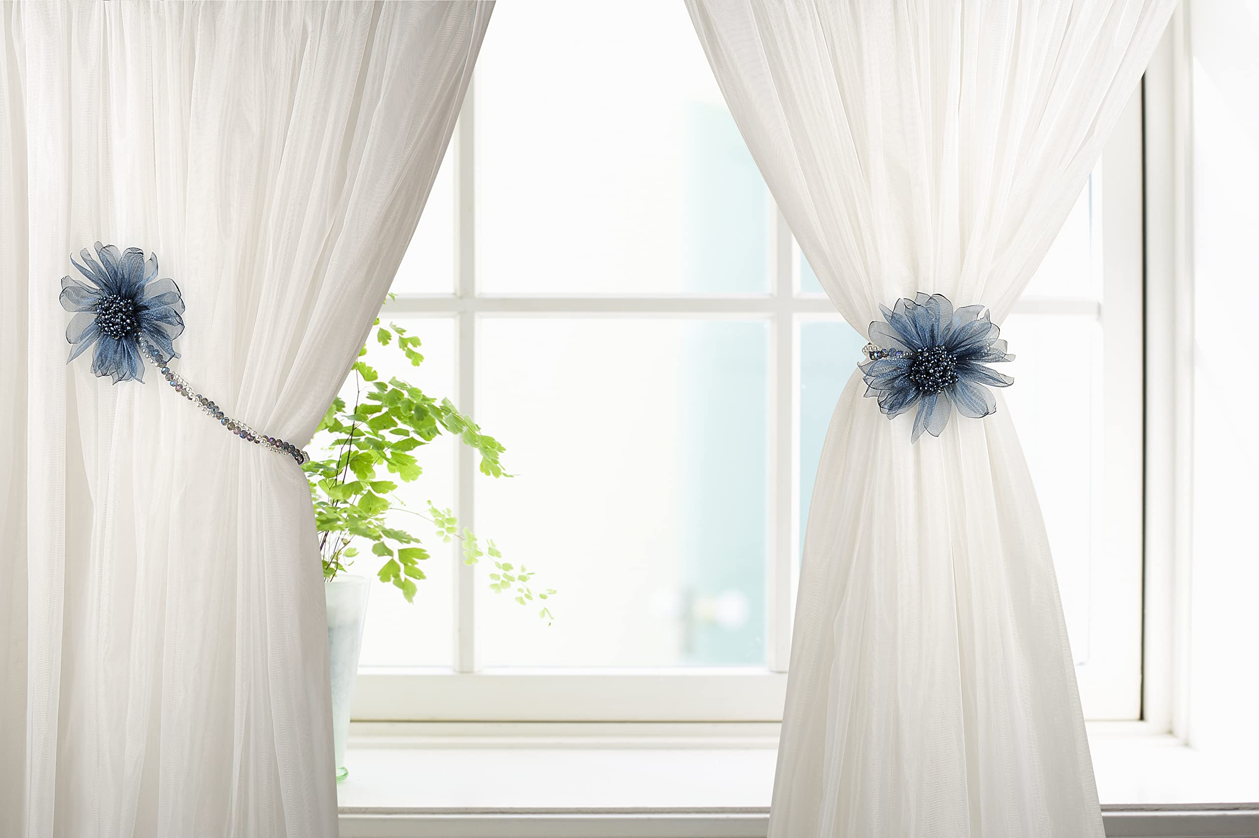 SUQ I OME 2 Pack of Handmade Crystal Pearl Beaded Magnetic Flower Curtain Tieback Holdback for Drapes