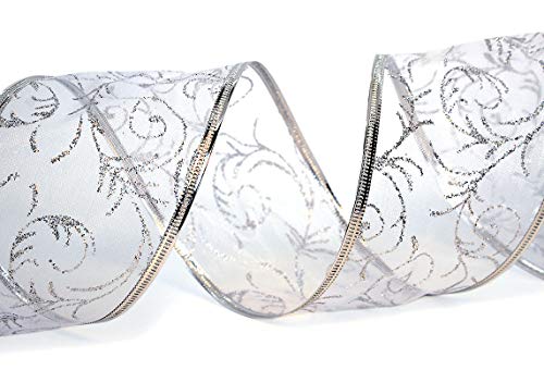 Wire Edged Ribbon Silver Sheer Organza Gift Wrap Ribbon Clearance Metallic Wired Trim & Glitter Decorative White 50 Yards x 2.5 inch Wide 1 Roll Large