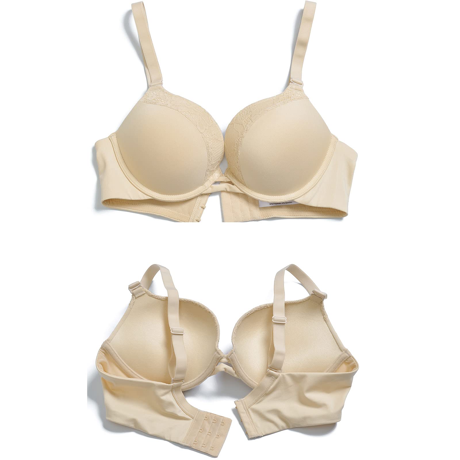 Pushlus Push Up Thick Padded Plunge Underwire T Shirt Lace Bra Lift Support for Women Add One Cup 36B Nude