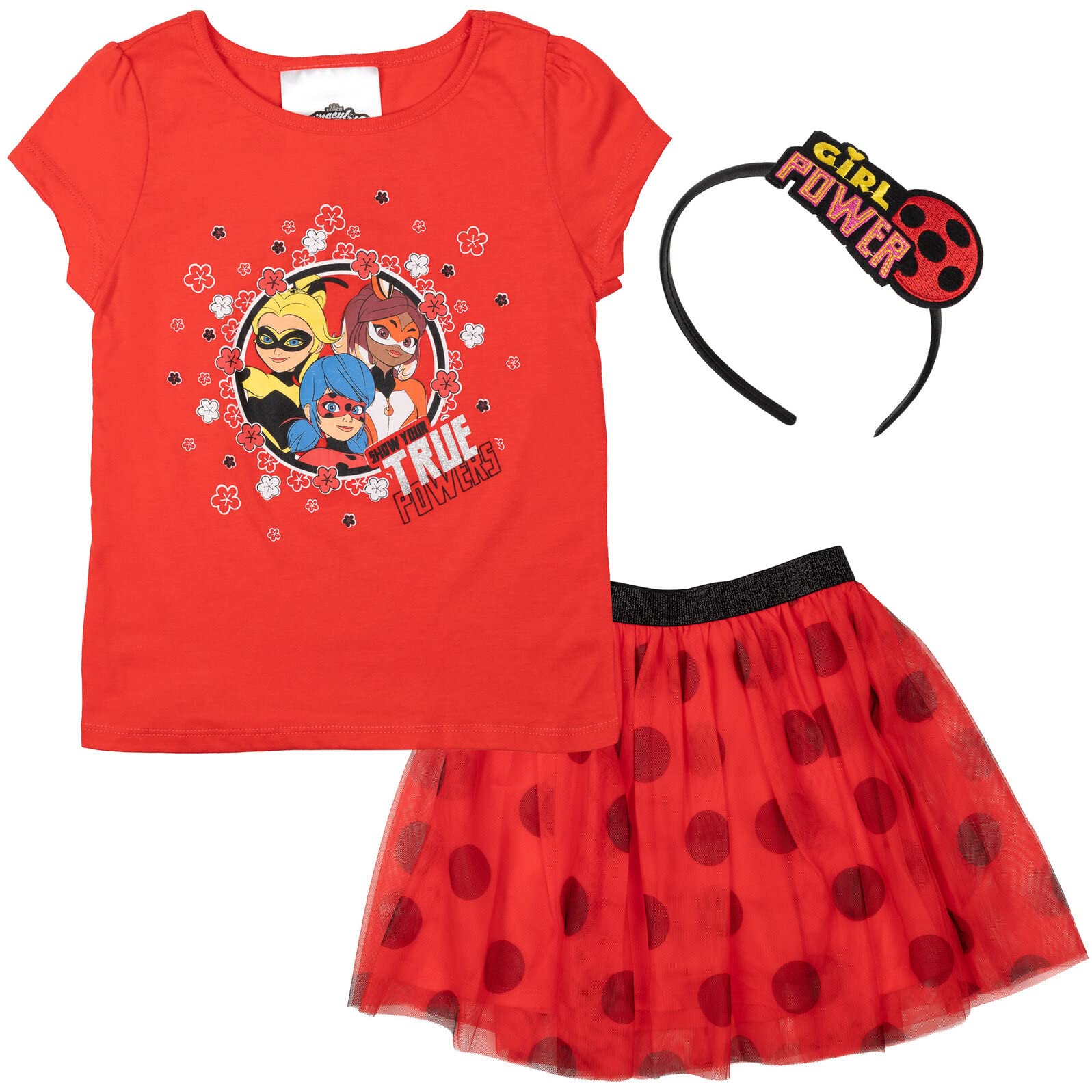Miraculous Big Girls T-Shirt, Skirt and Satin Headband 3 Piece Outfit Set Red 14-16