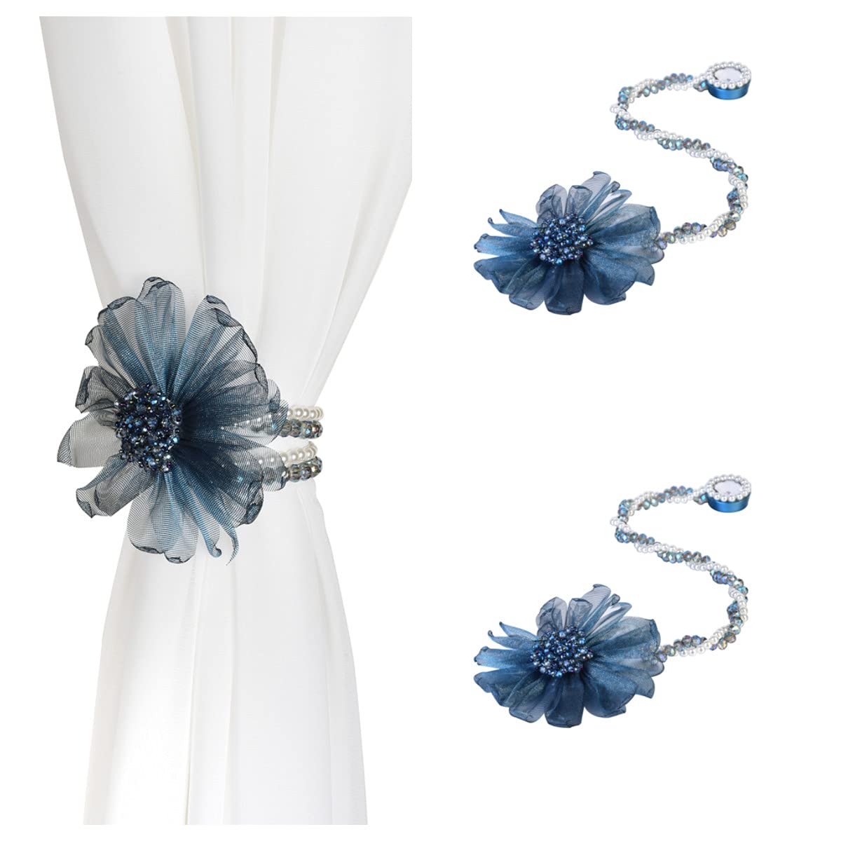 SUQ I OME 2 Pack of Handmade Crystal Pearl Beaded Magnetic Flower Curtain Tieback Holdback for Drapes