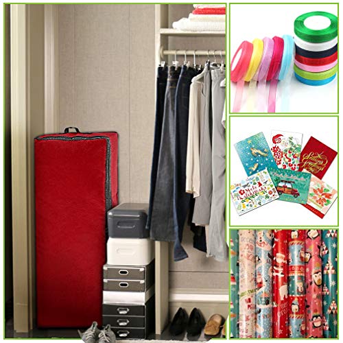 Primode Wrapping Paper Storage Container, Gift Wrap Organizer Under Bed, 41βx14βx6β, Fits 18-24 Rolls Up to 40β, Durable 600D Oxford Material, Wrap Storage Box Holder with Pockets for Ribbon, Bows, and Accessories (Red)