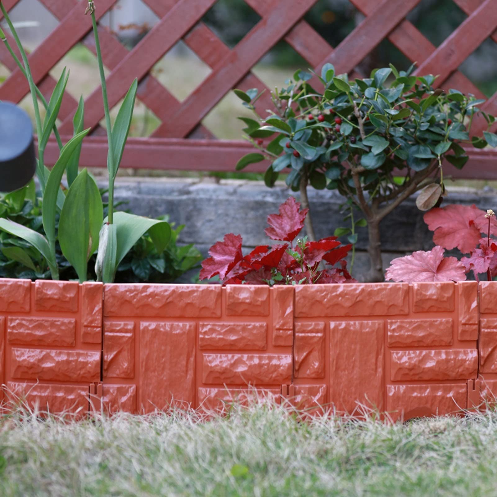 SUBBYE Plastic Flower Bed Edging Fencing for Garden Decor - Tall 23cm Red Stone Brick Effect Portable Lawn Edging Interlocking Panels, 6 Pack