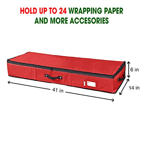 Primode Wrapping Paper Storage Container, Gift Wrap Organizer Under Bed, 41βx14βx6β, Fits 18-24 Rolls Up to 40β, Durable 600D Oxford Material, Wrap Storage Box Holder with Pockets for Ribbon, Bows, and Accessories (Red)