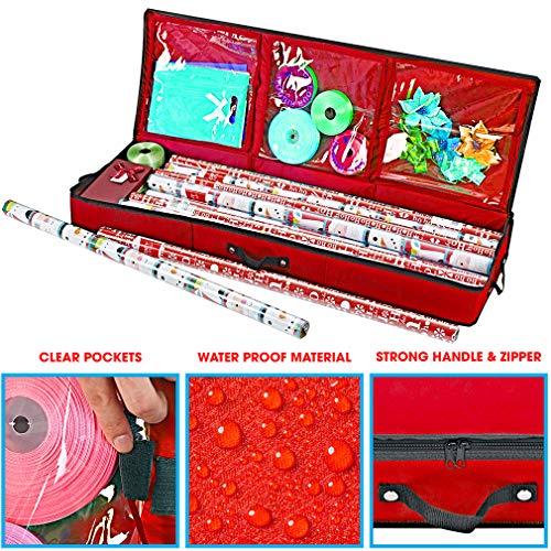 Primode Wrapping Paper Storage Container, Gift Wrap Organizer Under Bed, 41βx14βx6β, Fits 18-24 Rolls Up to 40β, Durable 600D Oxford Material, Wrap Storage Box Holder with Pockets for Ribbon, Bows, and Accessories (Red)