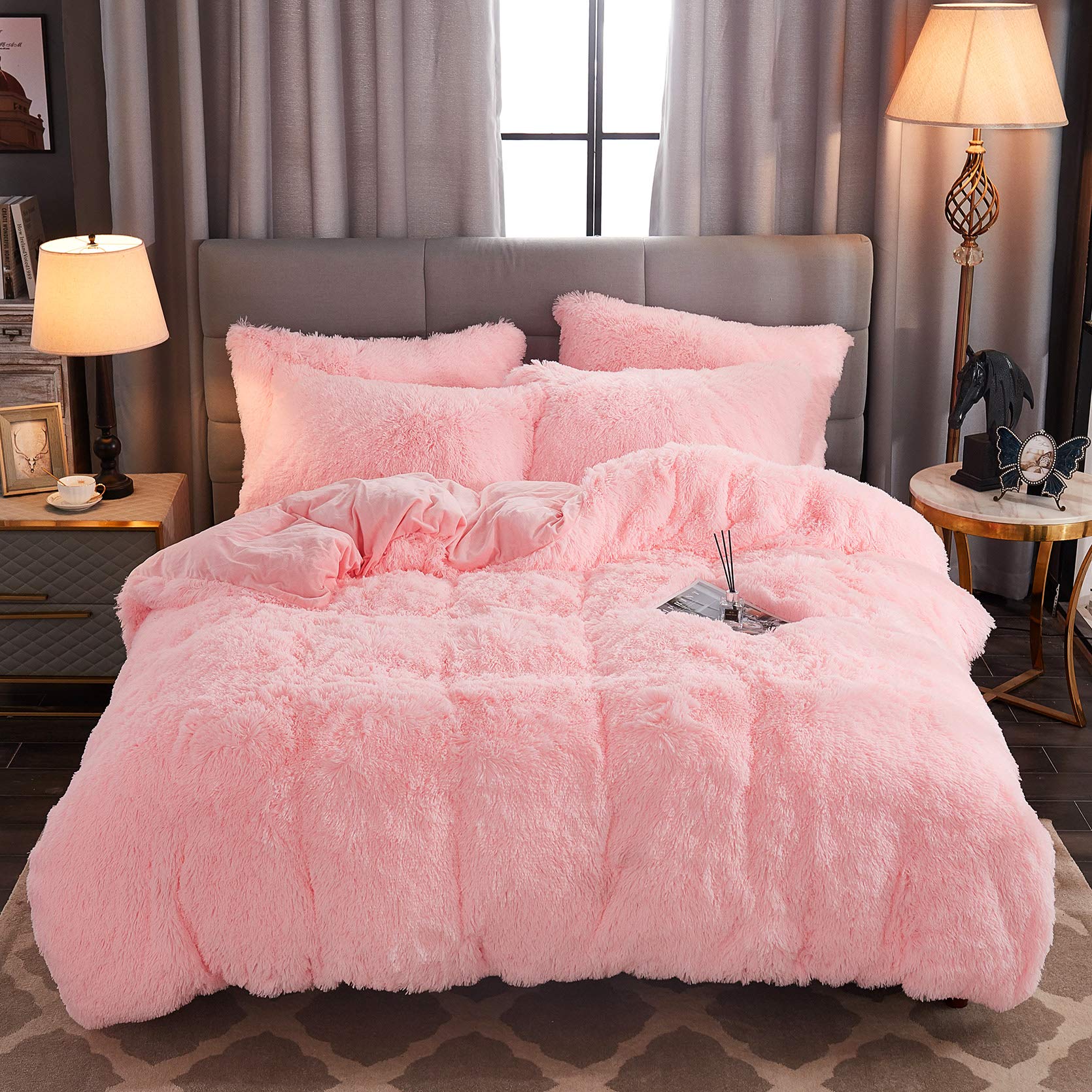 WERDIM Shaggy Fluffy Faux Fur Duvet Cover Set Button Closure Velvety Bedding Set Comforter Cover with Pillowcases Pink, King Size
