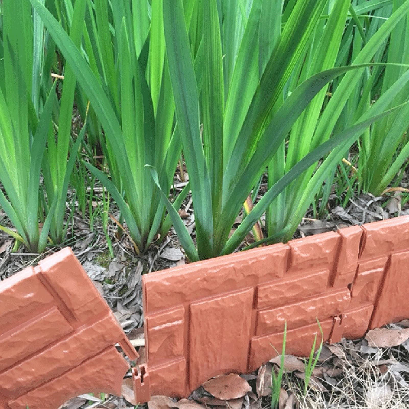 SUBBYE Plastic Flower Bed Edging Fencing for Garden Decor - Tall 23cm Red Stone Brick Effect Portable Lawn Edging Interlocking Panels, 6 Pack