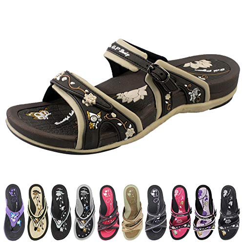 Gold Pigeon Shoes SIGNATURE Women Slide Sandals for Women Comfort Cushion Adjutable Straps: 6875 Brown, Size 6.5-7 (6875-brn-37)