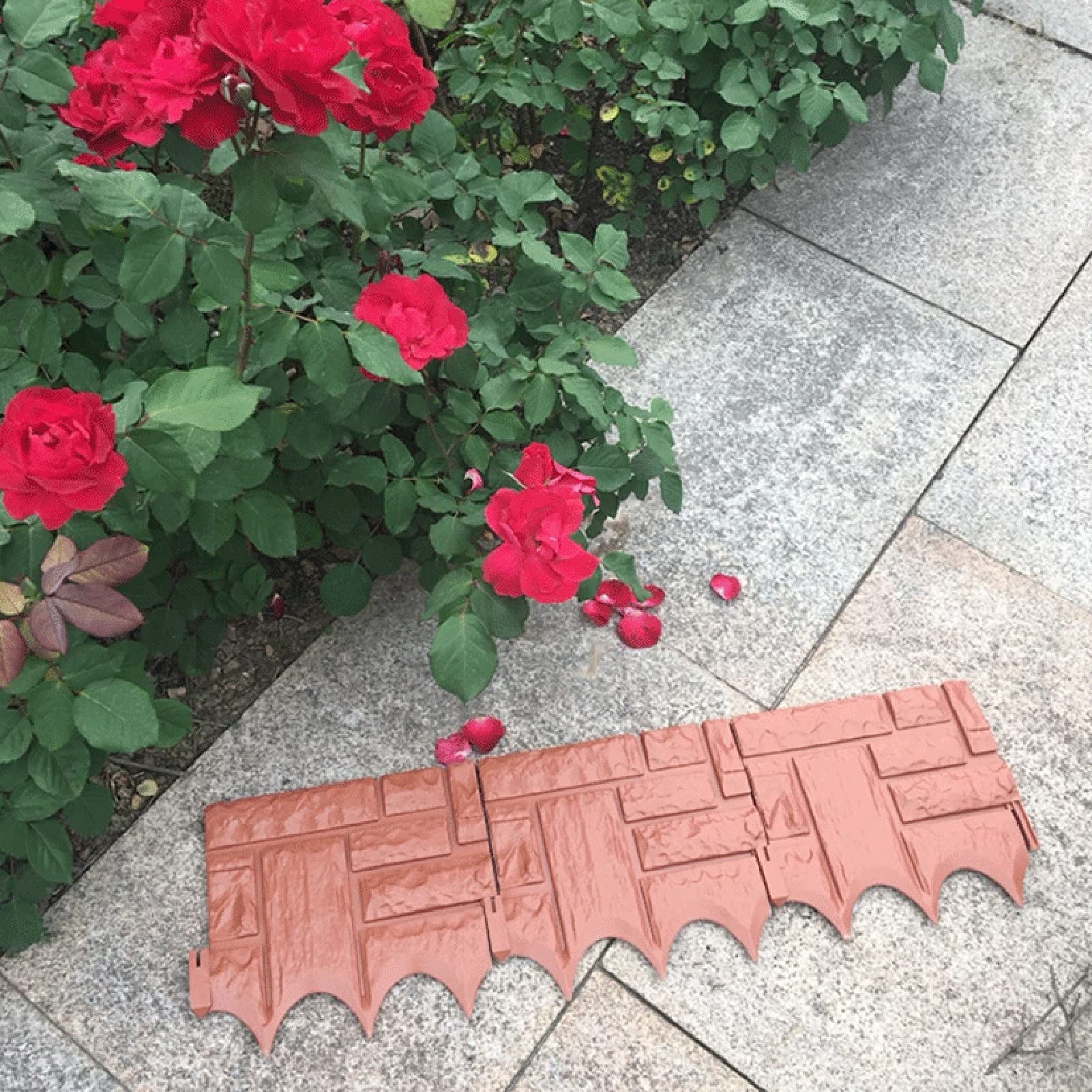 SUBBYE Plastic Flower Bed Edging Fencing for Garden Decor - Tall 23cm Red Stone Brick Effect Portable Lawn Edging Interlocking Panels, 6 Pack