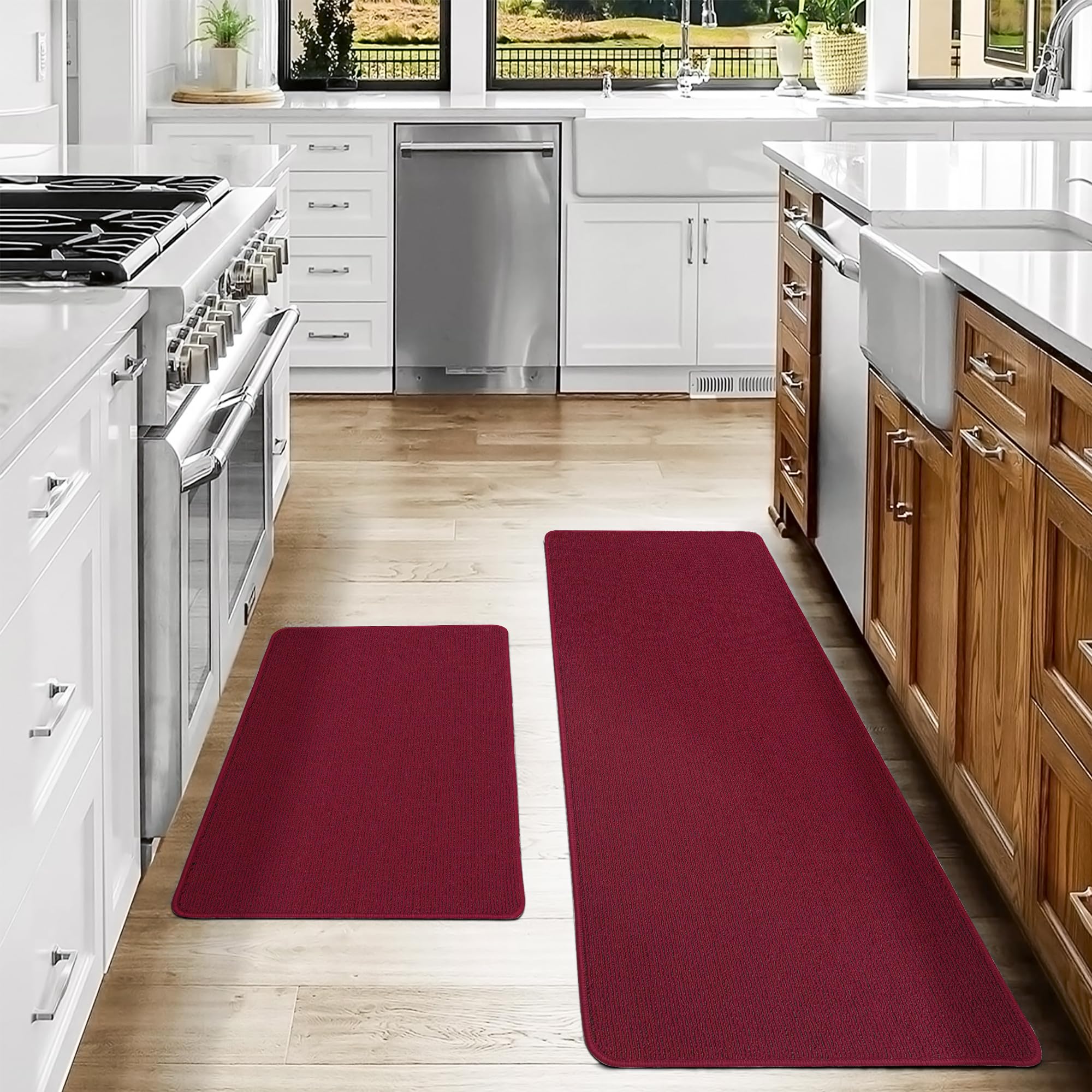 COSY HOMEER 20x30 Inch/20X48 Inch Kitchen Rug Mats Made of 100% Polypropylene Strip TPR Backing 2 Pieces Soft Kitchen Mat Specialized in Anti Slippery and Machine Washable,Red