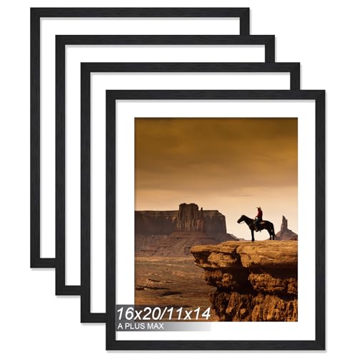 A PLUS MAX 16x20 Picture Frame Set of 4, Engineered Wood Frame Display Photo 11x14 with Mat or 16 x 20 without Mat, 16by20 Frame with Black Wood Grain for Wall - 4 Pack/Black/16 x20