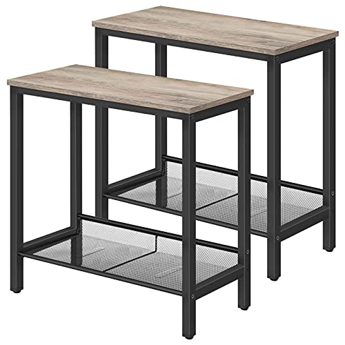 HOOBRO Side Tables, Set of 2 Narrow Nightstands, Industrial End Table with Flat or Slant Adjustable Mesh Shelf for Small Spaces, Stable Metal Frame and Easy Assembly, Greige and Black BG24BZ01