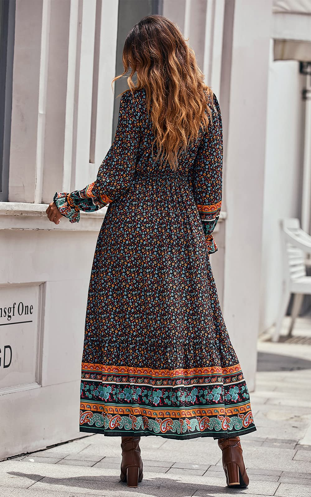 PRETTYGARDEN Long Sleeve Dress for Women - V-Neck Casual Boho Floral Vintage Fall Long Maxi Dresses (Black,X-Large)