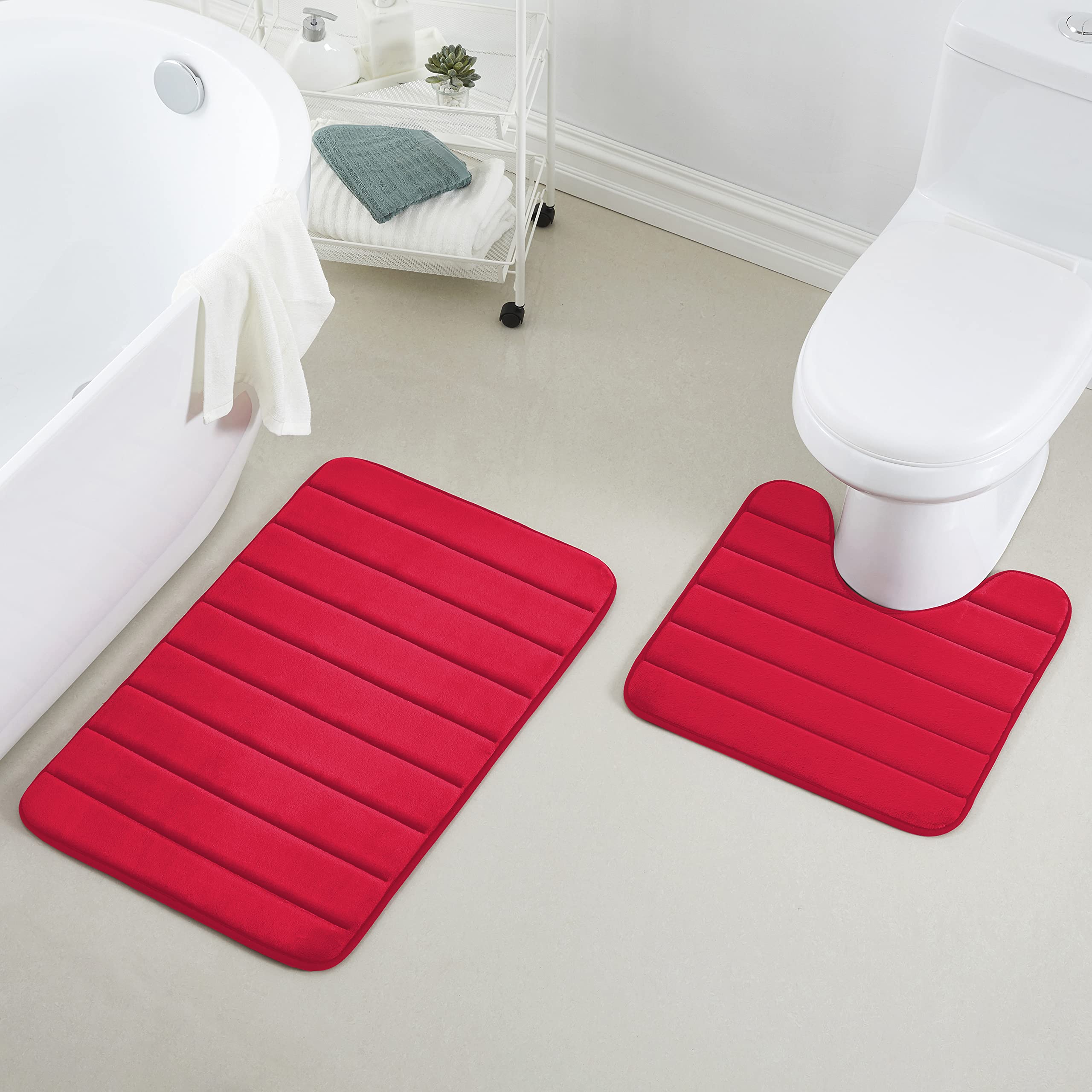 Yafa Home Fashion 2 Piece Striped Design Embossed Solid Color Memory Foam Soft Bathroom Rug Set Non-Slip PVC Backing