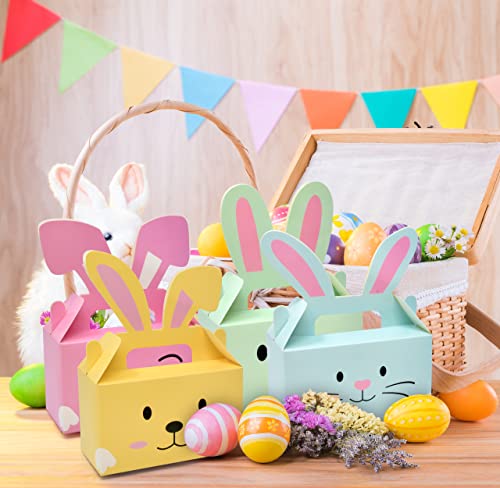 24 Pack Easter Treat Boxes Bunny Cardboard Favor Boxes with Handle Bunnies Rabbit Ears Basket Containers Candy Cookie Goody Gift Box Holder for Spring Kids School Classroom Party Supplies Decorations