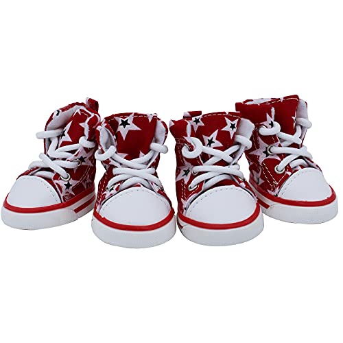 Magicorange 4 Pcs Pet Shoes Puppy Sport Denim Shoes, Outdoor Anti-Slip Sneaker Boot Causal Dog Shoes for Small Medium Size and Large Dogs (#2, Red)