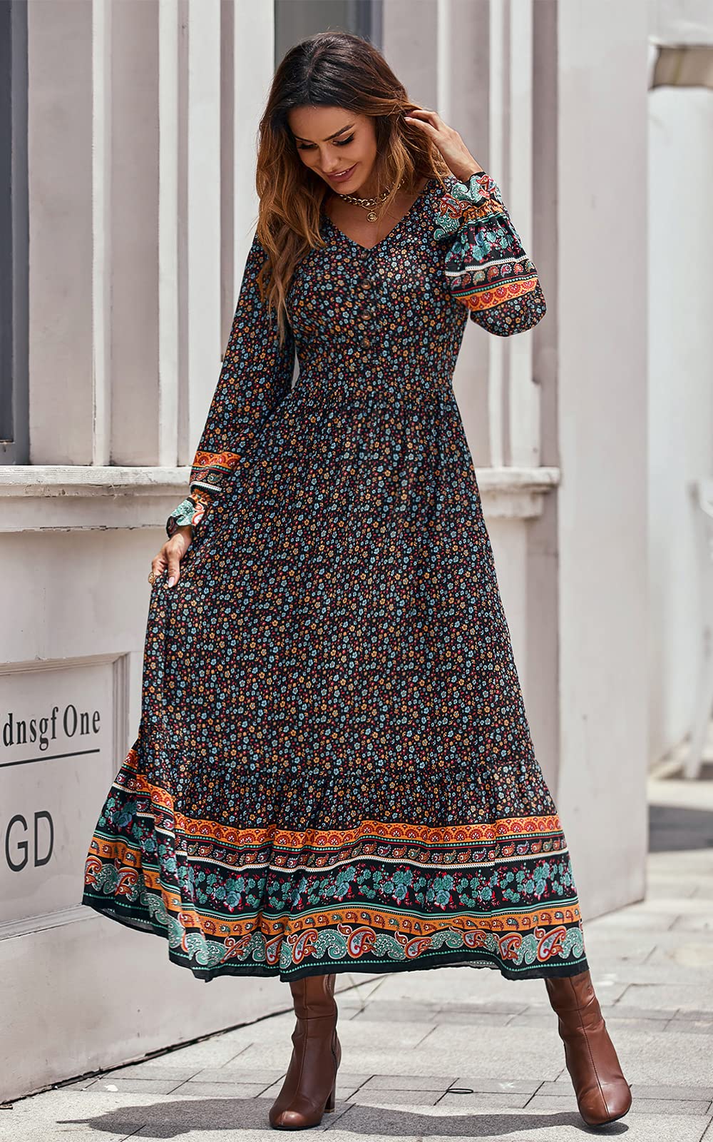 PRETTYGARDEN Long Sleeve Dress for Women - V-Neck Casual Boho Floral Vintage Fall Long Maxi Dresses (Black,X-Large)
